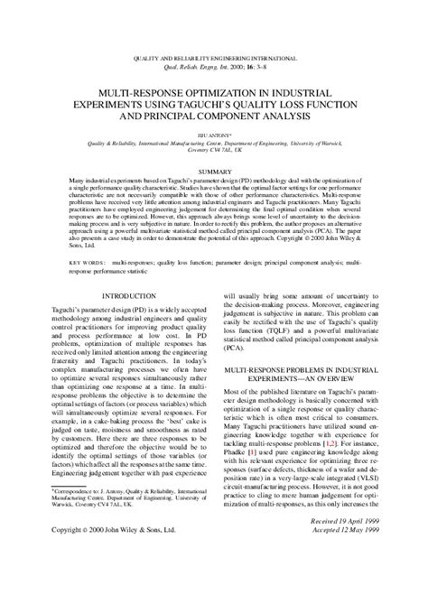 pdf multi‐response optimization in industrial experiments using taguchi s quality loss