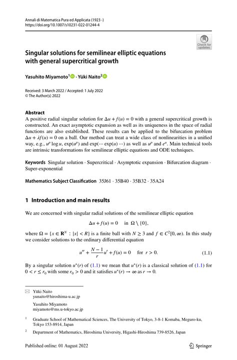 pdf singular solutions for semilinear elliptic equations with general supercritical growth
