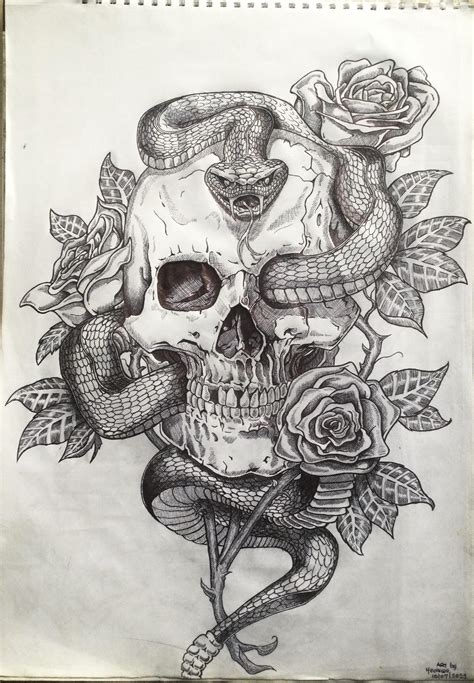 Snake Skull Roses Me Ballpen Ink R Art