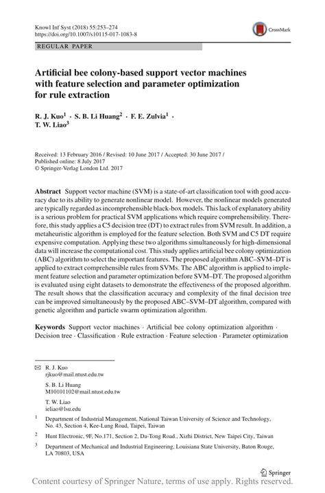 artificial bee colony based support vector machines with feature selection and parameter