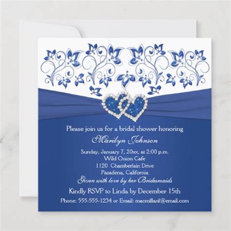 Royal Blue White Floral Hearts Bridal Shower Invitation Zazzle