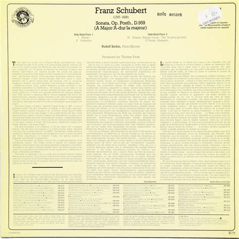 Виниловая пластинка ВИНТАЖ SCHUBERT PIANO SONATA OP POSTH D 959