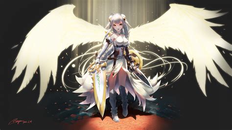 Hintergrundbilder Illustration Lange Haare Anime Mädchen Flügel Waffe Braune Augen Graue