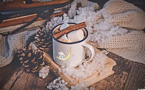 Warm Hot Choco With Cinnamon And Marshmallow In A White Cup Aesthetic