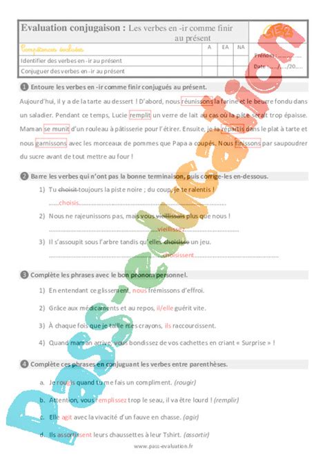 Evaluation Avec Le Corrig Pour Le Ce Les Verbes En Ir Comme Finir