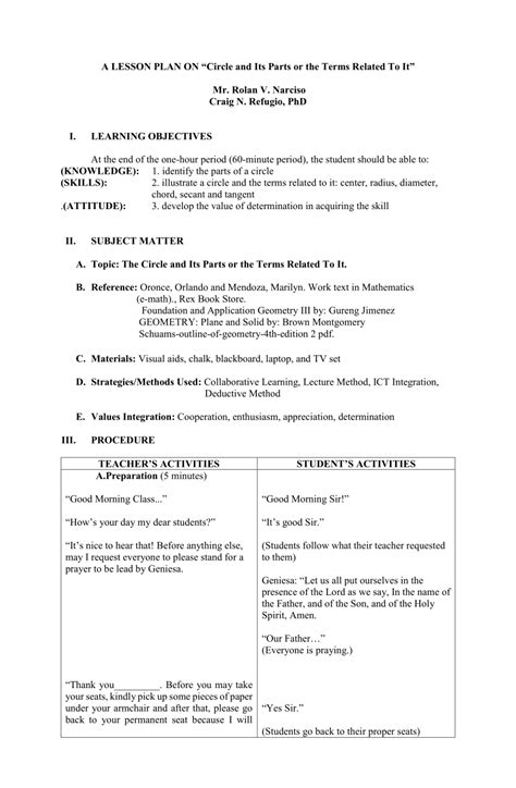 Parts Of A Circle Lesson Plan Printable Templates Free
