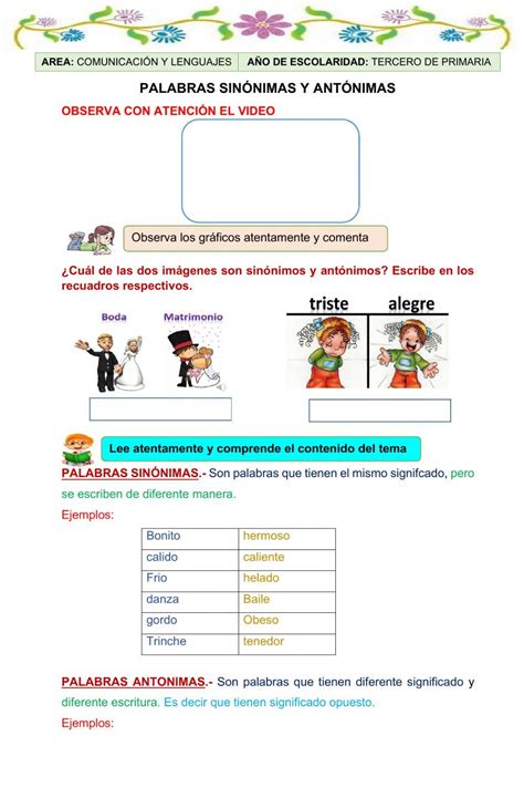 Actividad interactiva de Palabras sinónimas y antónimas para Tercero de