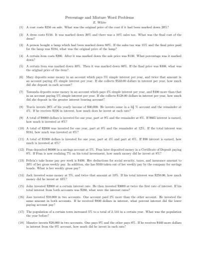 Percent And Mixture Word Problems Supplements Mcis Home