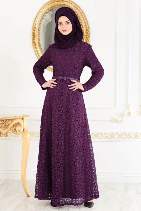 Nayla Collection Dantelli Mor Tesettür Abiye Elbise 4134MOR
