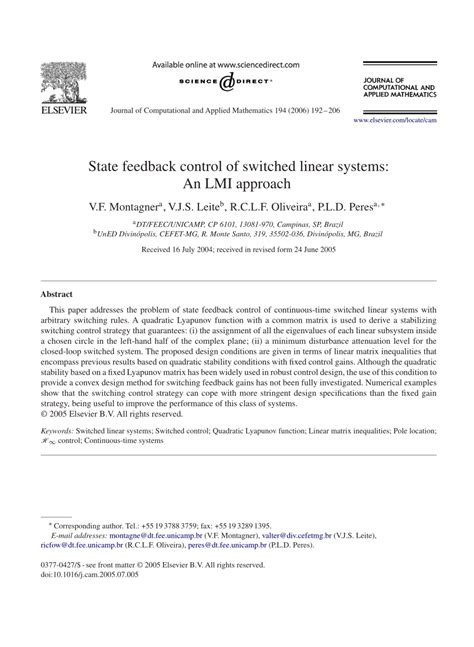 pdf state feedback control of switched linear systems an lmi approach