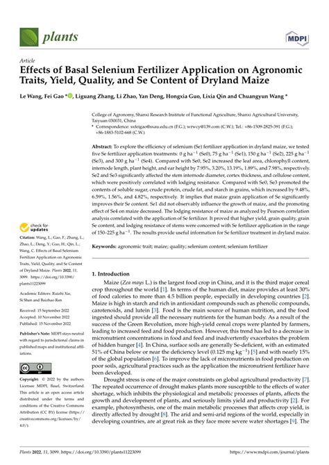 pdf effects of basal selenium fertilizer application on agronomic traits yield quality and