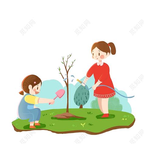 卡通植树节女孩种树浇水原创小植树节植树环保素材免费下载 觅知网