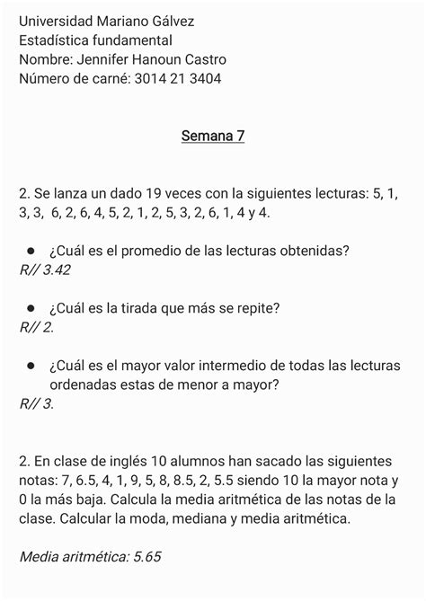 Estadistica Semana 7 Jennifer Hanoun Castro Estadistica 2 Studocu
