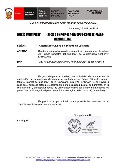 Oficio de rendicion de cuenta primer trimestre del año 2021 PERÚ