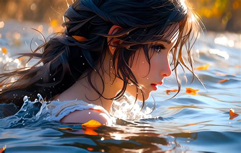 Wallpaper Close Up Brunette Beautiful Girl In The Water Digital Art