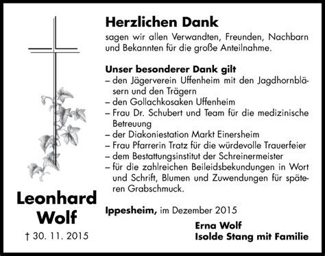 Traueranzeigen Von Leonhard Wolf Trauer Flz De