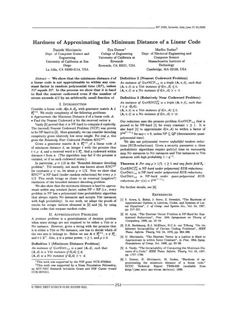 hardness of approximating the minimum distance of a linear code pdf time complexity