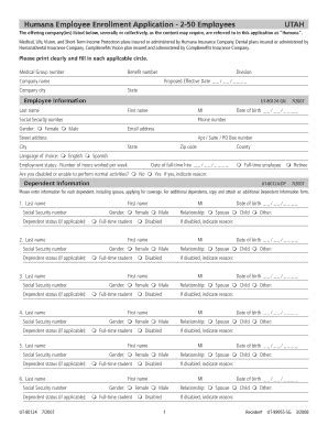 Fillable Online Humana Employee Enrollment Application 2 50 Employees