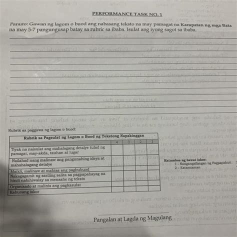 PERFORMANCE TASK NO 1 Panuto Gawan Ng Lagom O Buod Ang Nabasang