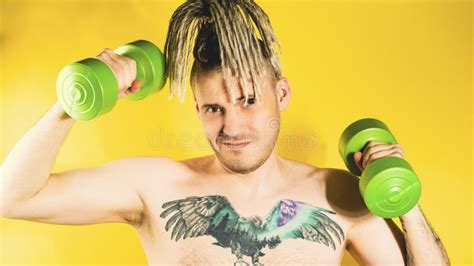 Naked Strong Man Lifting Dumbbells Training Muscles Determined Active