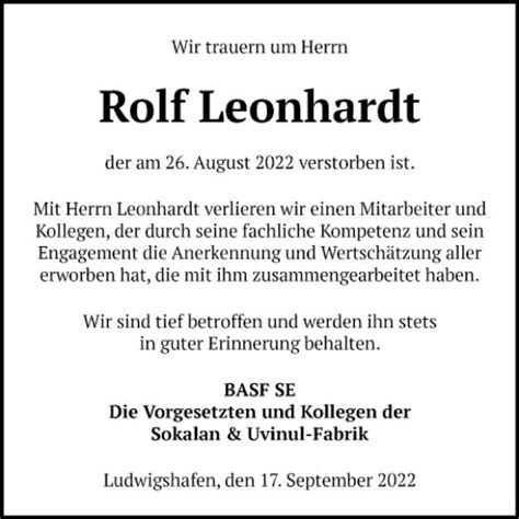 Traueranzeigen Von Rolf Leonhardt Trauerportal Ihrer Tageszeitung