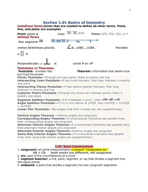 honors geometry 1 1 1 2 review section 1 basics of geometry undefined terms terms that are