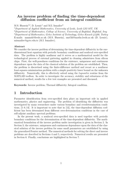 pdf an inverse problem of finding the time dependent diffusion coefficient from an integral