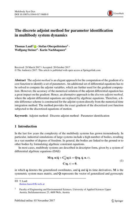 pdf the discrete adjoint method for parameter identification in multibody system dynamics