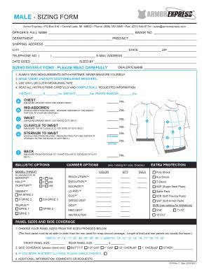 Fillable Online MALE SIZING FORM Armor Express Fax Email Print