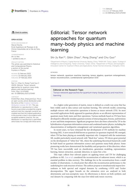 pdf editorial tensor network approaches for quantum many body physics and machine learning