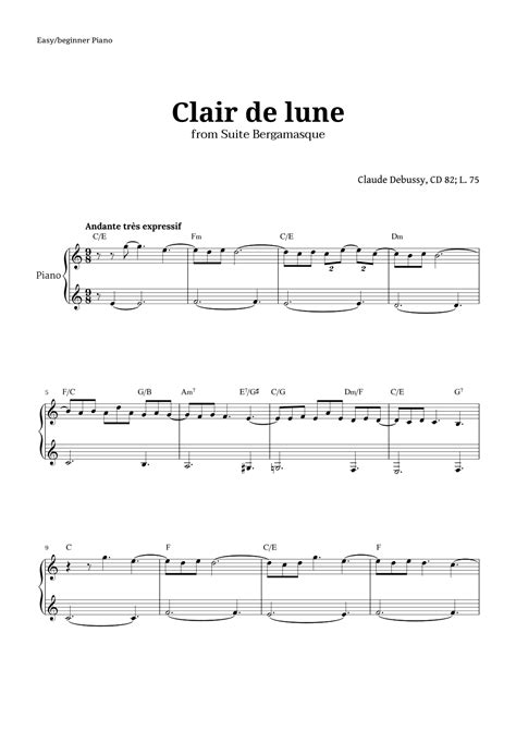 Clair De Lune By Debussy For Beginner Piano Arr Langanho By Debussy