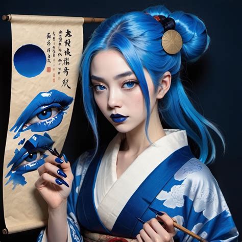 A Woman Blue Hair Blue Lipstick Blue Kimono Blue