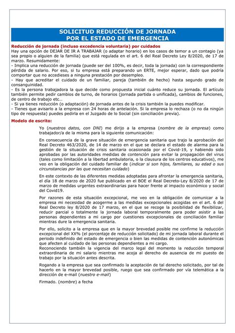 SOLICITUD REDUCCIÓN DE JORNADA POR EL ESTADO DE EMERGENCIA Laboral