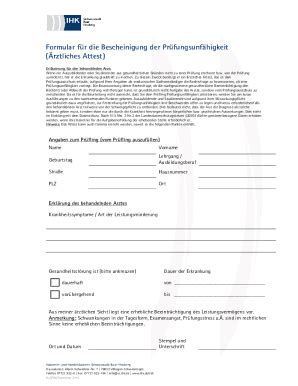 Ausfüllbar Online Formular fr Bescheinigung der Prfungsunfhigkeit