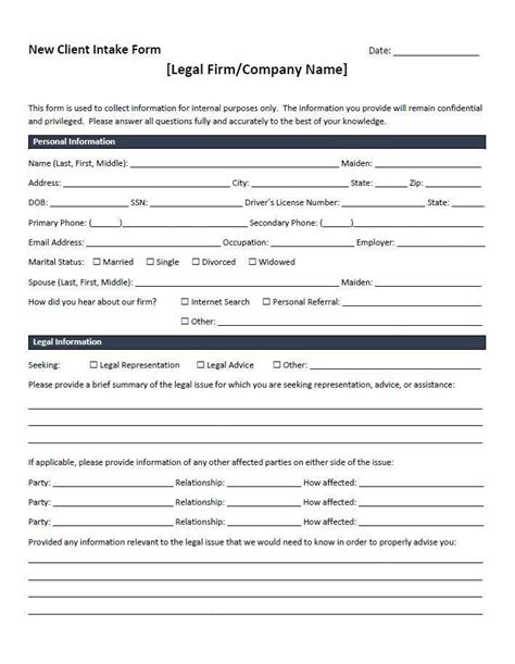 New Client Intake Form Template For Legal Firms Word Editable