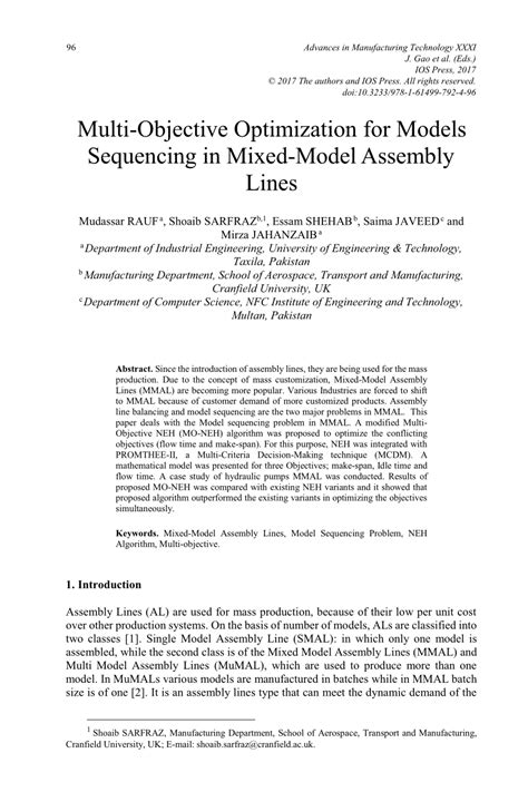 pdf multi objective optimization for models sequencing in mixed model assembly lines