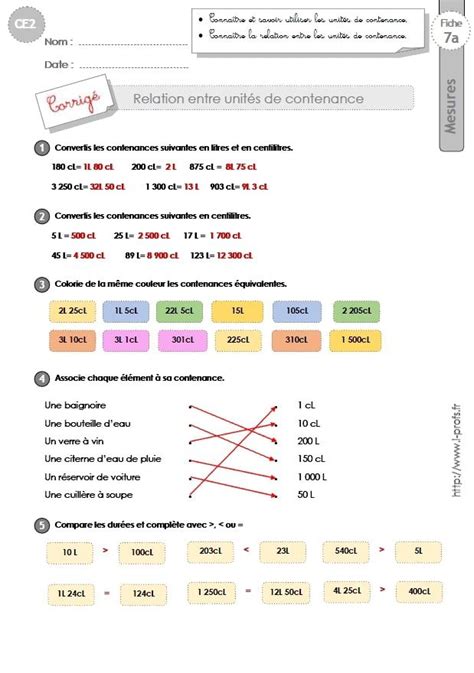 CE2 MESURES ET GRANDEURS Exercices convertir des unités contenances