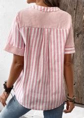 Patchwork Striped Pink Split Neck Short Sleeve Blouse Rotita