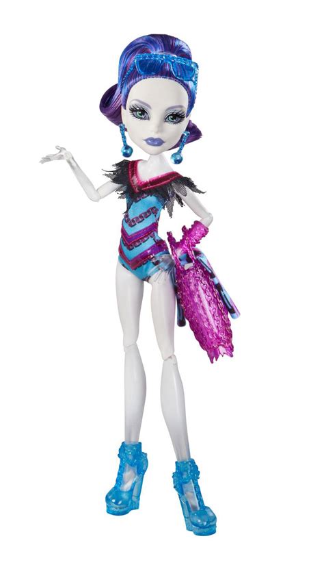 A Doll With Blue Hair And Purple Shoes Holding A Pink Bag In Her Hand