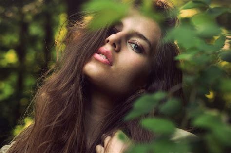 Wallpaper Face Sunlight Forest Women Model Long Hair Blue Eyes Nature Brunette Grass