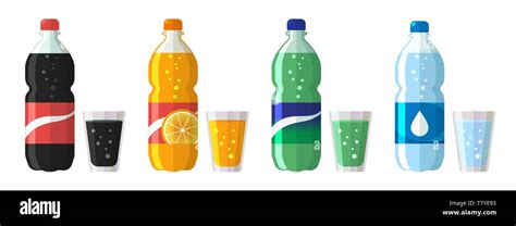 Conjunto de botella de plástico de agua dulce y soda con gafas Vector