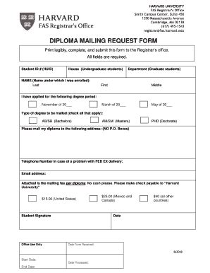 Fillable Online Diploma Mailing Request Form FAS Registrar S Office