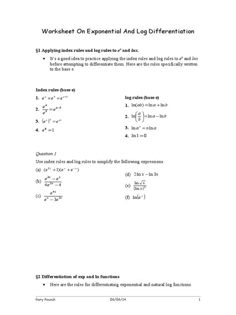 worksheet on exponential and logarithm differentiation logarithm combinatorics