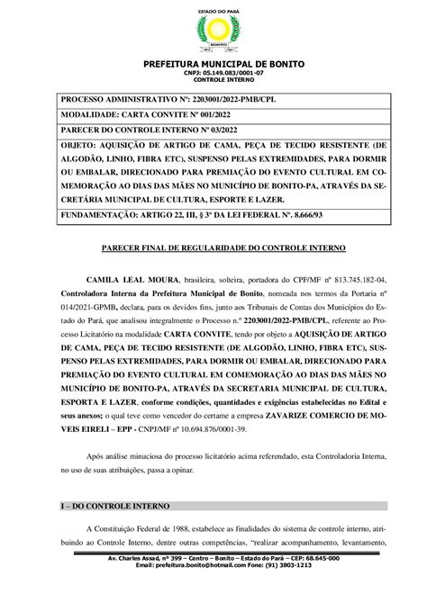 PARECER CONTROLE INTERNO 003 2022 CARTA CONVITE REDES Prefeitura