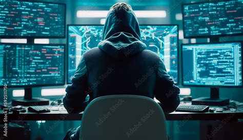 Back View Of Hacker Sitting On Chair Doing Hack Behind Multiple Big