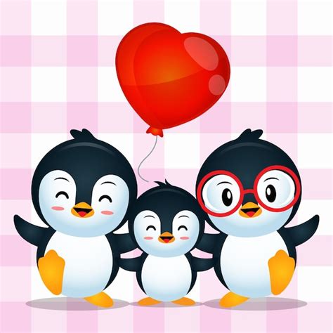 Dibujos animados de familia de pingüinos lindo encantador Vector Premium