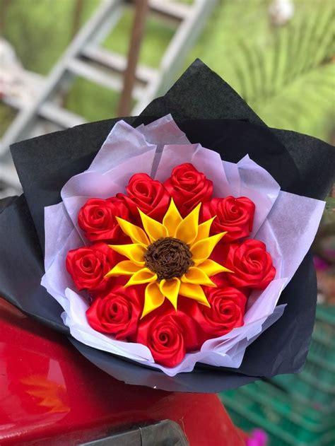 Ramo Girasol Y Rosas Eternas Ribbon Flowers Bouquet Ribbon Bouquet