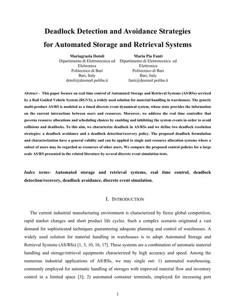 pdf deadlock detection and avoidance strategies for automated storage and retrieval systems