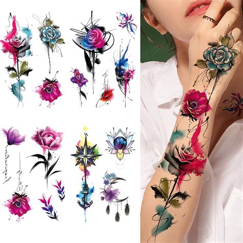 Glaryyears 10 Sheets Watercolor Rose Temporary Tattoos For Women Henna