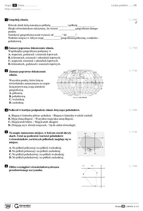 Sprawdzian Z Geografii Klasa Dzial Wspolrzedne Geograficzne